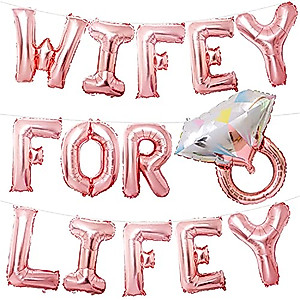 Rose Gold Bridal Shower Balloons Bachelorette Party Decorations | Wifey for Lifey Foil Letter Balloons Hanging Banner | Diamond Ring Foil Balloon | Bride Balloon Rose Gold | Engagement Party Decoration - Bride Gift