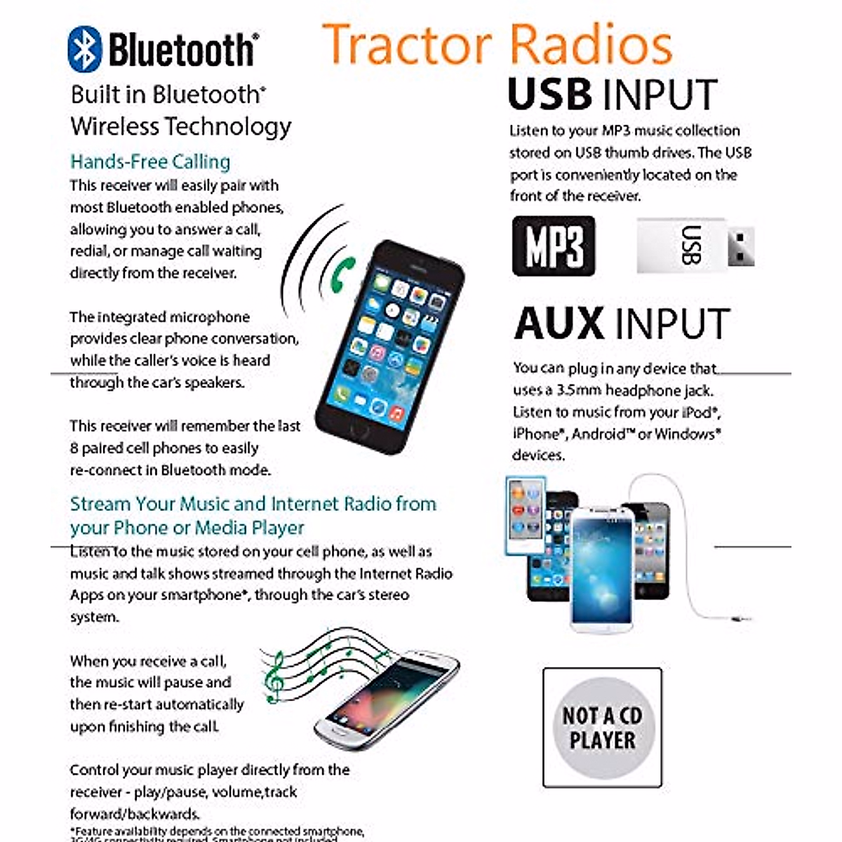 Compatible Kubota Tractor Direct Connect Stereo Radio MP3 AM FM USB Aux Bluetooth Remote RTV-1100 RTX-1100C Harness Plug B2650 RTV RTX
