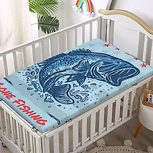 Gone Fishing Themed Fitted Crib Sheet,Standard Crib Mattress Fitted Sheet Toddler Bed Mattress Sheets-Great for Boy or Girl Room or Nursery,28“ x52“,Multicolor