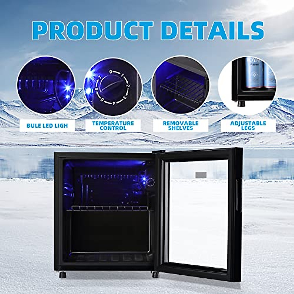 WANAI Mini Fridge Cooler 60Cans Beverage Refrigerator Glass Door Beverage Cooler for Beers Wine Juicer Cooler Adjustable Shelves LED Lights for Home, Office or Bar