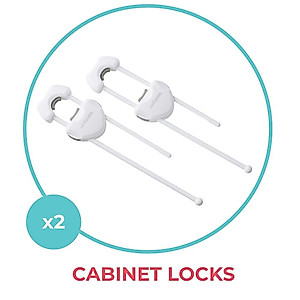 Toddleroo by North States Large Sliding Cabinet Locks | Keep Side by Side cabinets Safely & securely Closed | Works on Cabinet Handles up to 4.5" Apart | Baby proofing with Confidence (2-Pack, White)