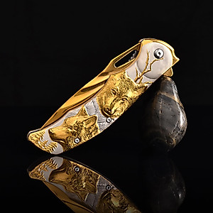 Pocket Knife for Men, Folding Knife With Clip & 3D TITANIUM PLATED WOLF Relief, Embossed Edc Knife For Men Outdoor Survival Camping Hiking hunting (Gold)