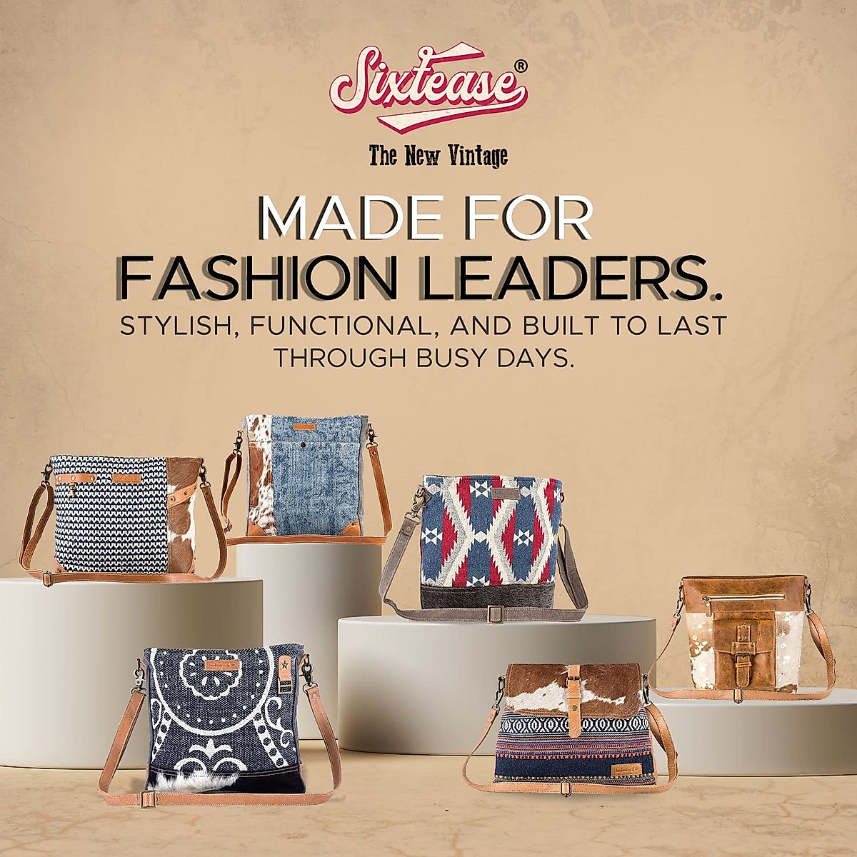 SIXTEASE Womens Shoulder Bag Vintage Style Shoulder Bags for Women - Made with Genuine Leather, Upcycled Canvas, or Hair On - Handmade, Adjustable Strap, Brass and Zinc Hardware - Primrose