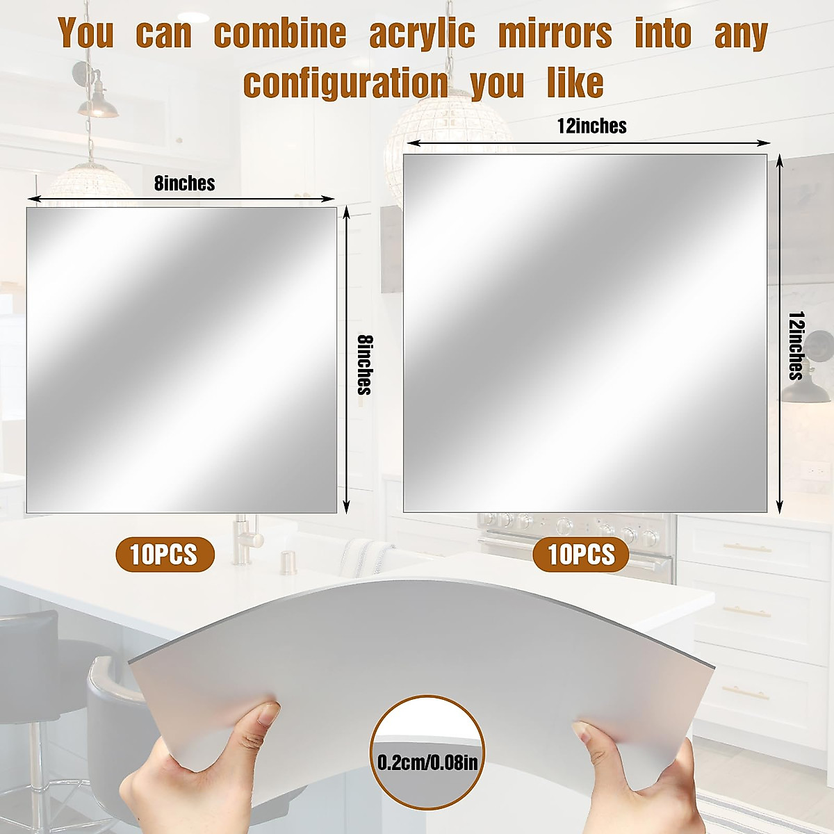Queekay 20 Pcs Home Gym Mirrors 8'' x 8'', 12'' x 12'' Mirror Tiles Self Adhesive Workout Frameless Acrylic Wall Mirror 2mm Thick Wall Mounted Mirror Sheet Mirror Trays for Wedding Table Centerpieces