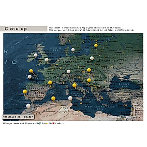 Modern World Satellite Wall Map with Push Pins | Push Pin Travel Map on Canvas | Personalized World Map with Pins | 24" x 32" up to 40" x 53"