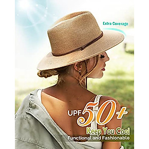 FURTALK Womens Summer Straw Sun Hats Wide Brim Panama Fedora Beach Hat with Wind Lanyard UPF 50+ Khaki