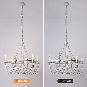 28 Inch White Beaded Chandelier Bohemian Style, 6-Light Retro Wood Country Chandelier, Farmhouse Chandeliers for Dining Room, (Bulb Not Included)