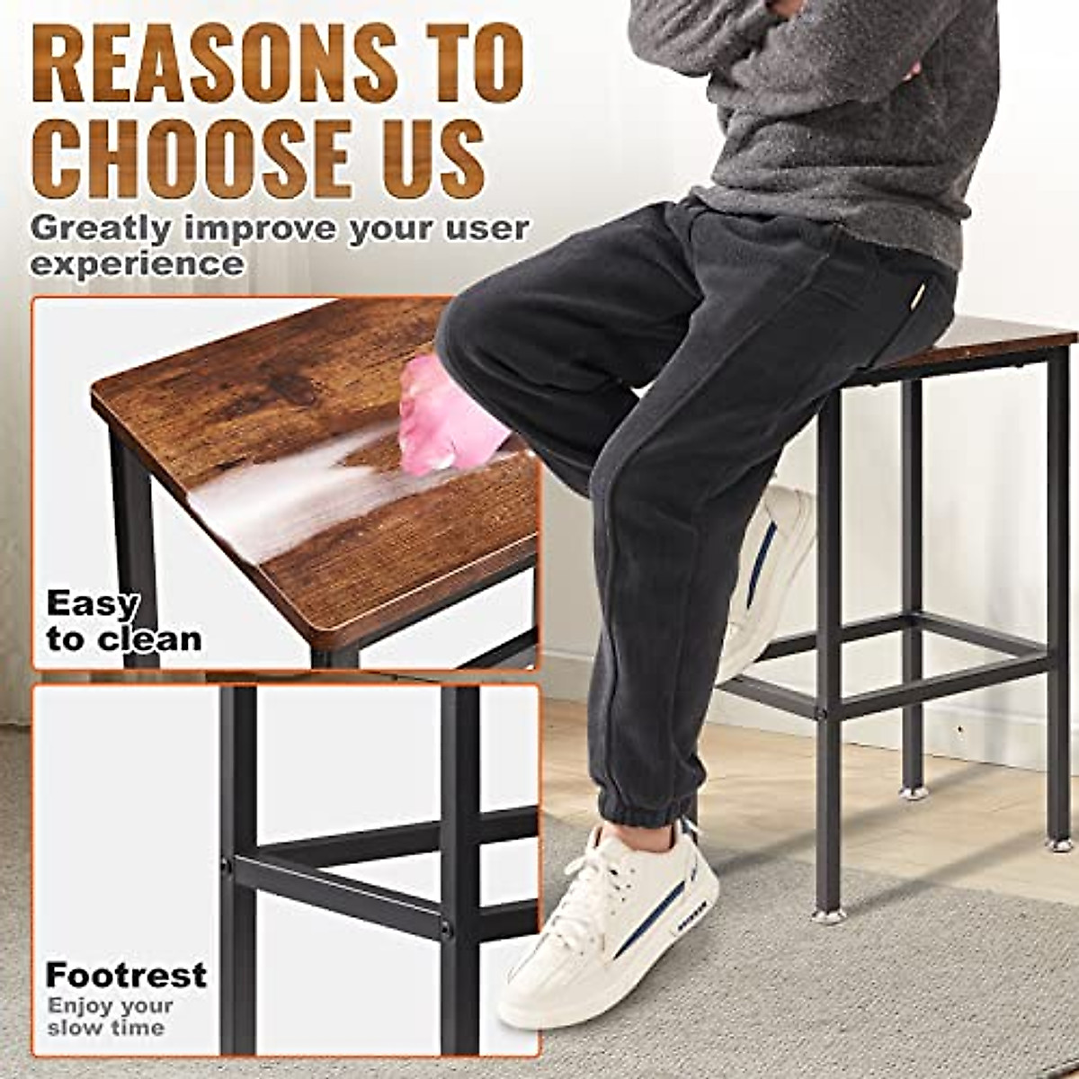 VEVOR Rustic Bar Stools, 25.6” Tall Rectangle Seat, Set of 2 Bar Chairs with Footrest Steel Frame Adjustable Feet, Wooden Industrial Kitchen Stool for Kitchen Dining Living Room, Rustic Brown