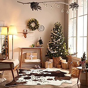 FALARK INC Premium Faux Cowhide Rug, 4.6ft x 5.2ft Cow Print Rugs for Living Room Bedroom, Cute Animal Print Carpet Western Home Decor Rug, Upgraded Non-Slip Soft Cow Skin Rugs, Brown and White