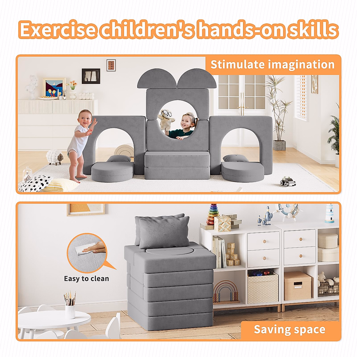 Neoriver Kids Couch, 12PCS Modular Kids Play Couch with 2 Pillows and Tunnel, Fold Out Toddler Couch for Playroom Bedroom, Creative Kids Sectional Foam Sofa for Boys and Girls, Grey