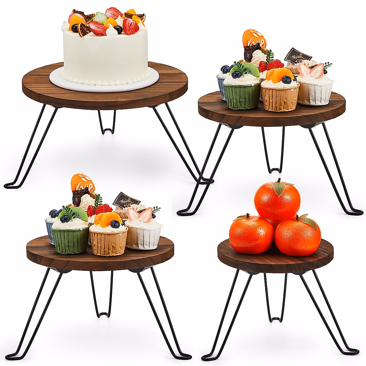Mifoci 4 Pcs 8"/10''/12'' Wood Cake Stand Rustic Wooden Cake Stand Holder Tray Rustic Wedding Cake Pedestal Stand Cupcake Tray with Metal Leg for Christmas Wedding Birthday Baby Shower