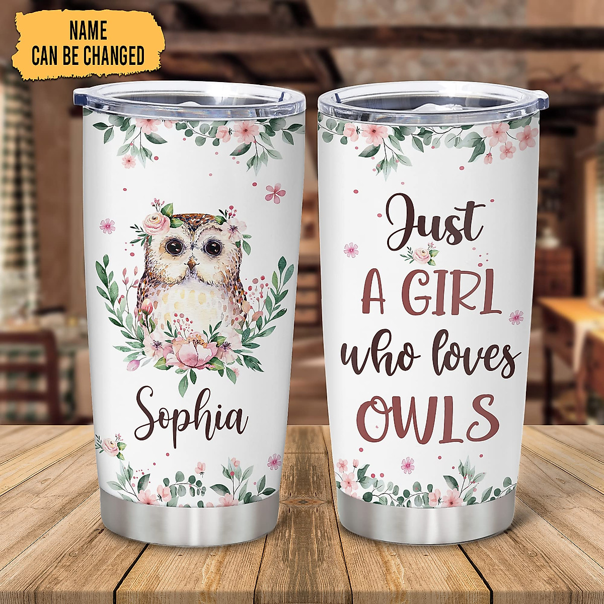 Hyturtle Personalized Owl Lovers Tumbler - Just A Girl Who Loves Owls Custom Name Stainless Steel Coffee Tumbler 20 oz With Lid - Idea Owl Lover Gifts For Women, Mom, Daughter For Birthday, Christmas