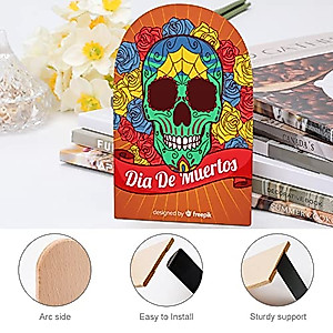 Pack of 2 Bookend Sugar Skulls Non-Slip Book Stand Wooden Bookshelf Books Holder for Home Desk Office Library