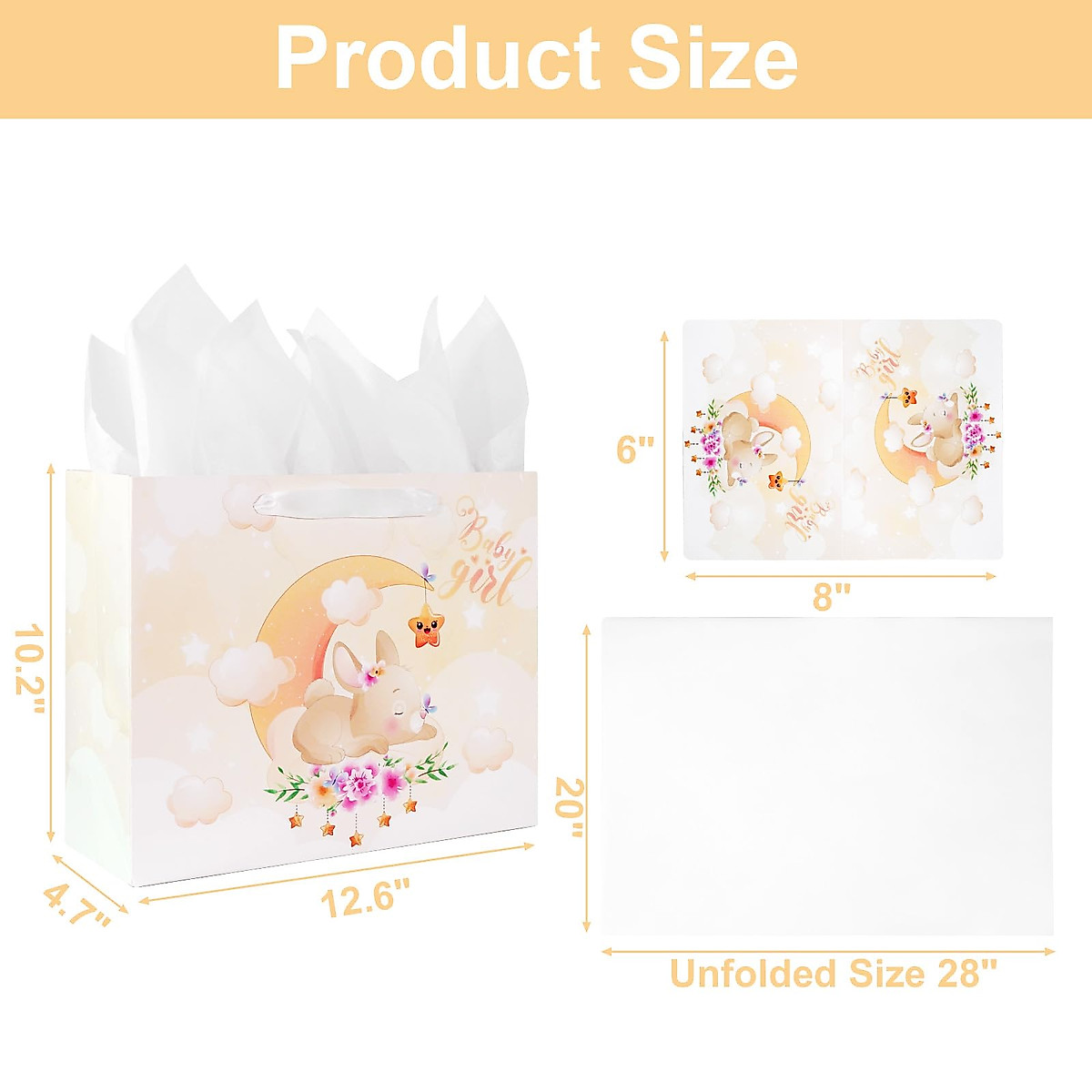 Baby Girl Gift Bag Set with Card and Tissue Papers, 12.6" Paper Bag with Handles for Baby Shower, Baby Girl Birthday, Newborn Party, New Parents