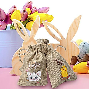DIYASY 36 Pcs Easter Burlap Goody Bags,Egg Bunny Chick Treat Drawstring Linen Bags for Easter Party Favor.