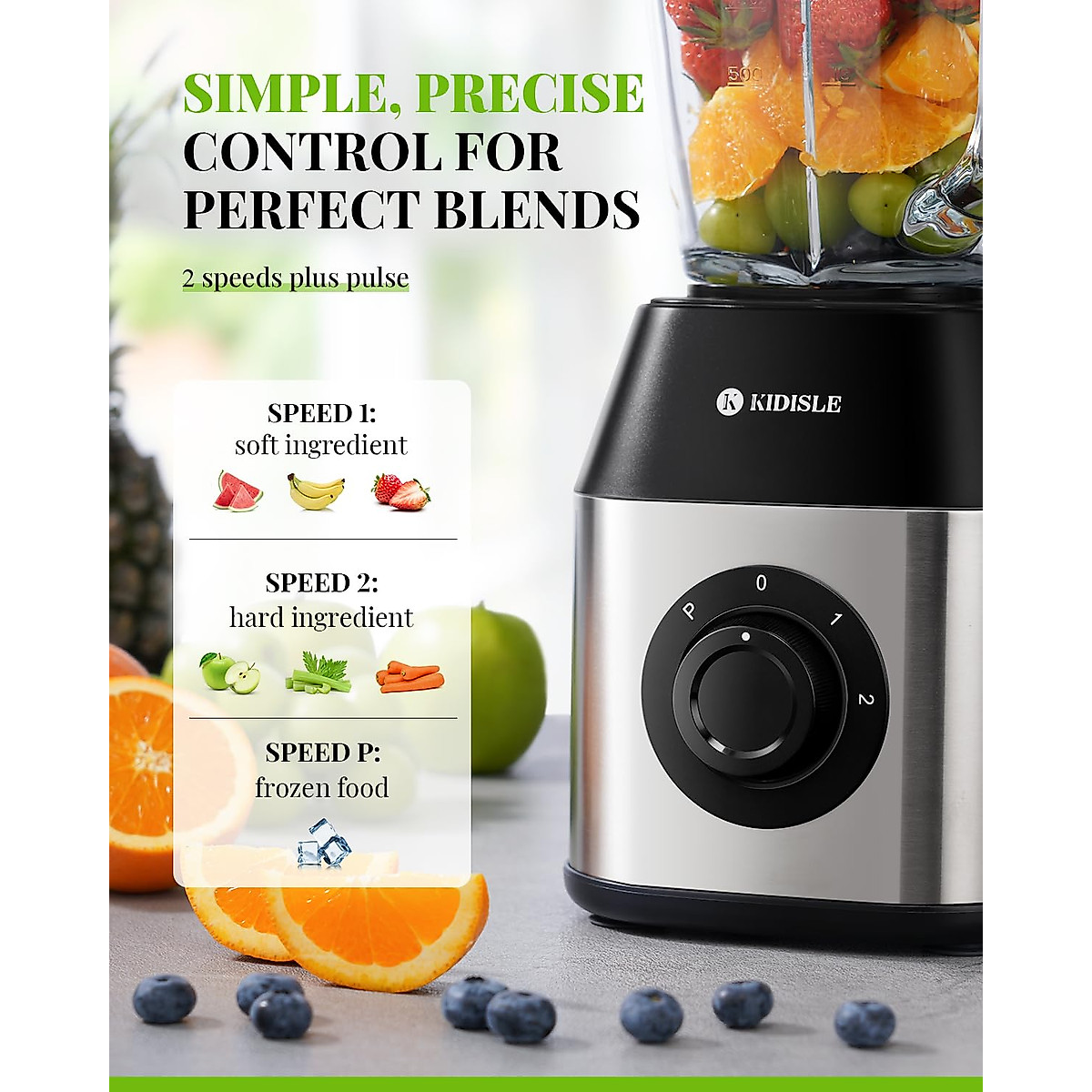 KIDISLE 1200W Powerful Professional Crusher Blender 2.0, 52oz Glass Jar Countertop Blender and Smoothie Blender, Shakes and Smoothies, Ice Crush, Frozen Fruit, Stainless Steel