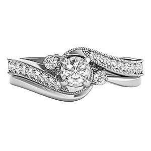 1 1/2 CT Round Shape Sparkling White Cubic Zirconia Bypass Wedding Engagement Anniversary Bridal Ring with Band in 14K White Gold Plated 925 Sterling Silver (1.50 Cttw) Ring Size -10