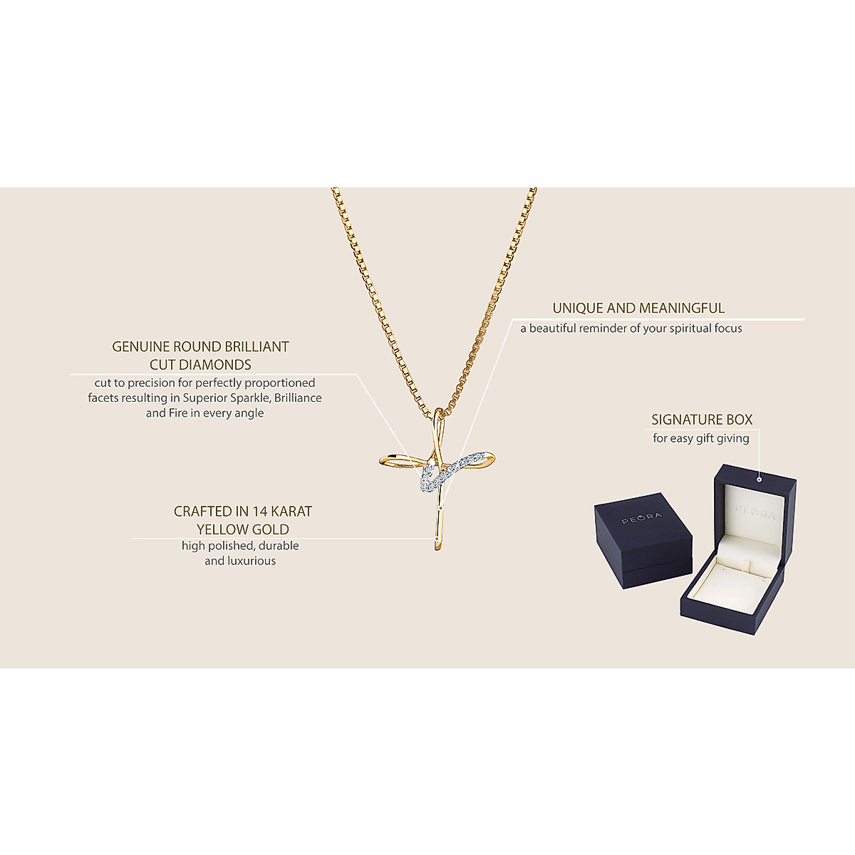 PEORA Genuine Diamond Cross Pendant for Women in 14K Yellow Gold, Elegant Jewelry Design with 18 inch Chain