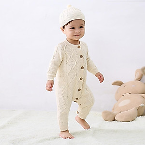 JunNeng Baby Newborn Cotton Knitted Sweater Romper Longsleeve Outfit with Warm Hat Set,Beige,3-6 Months