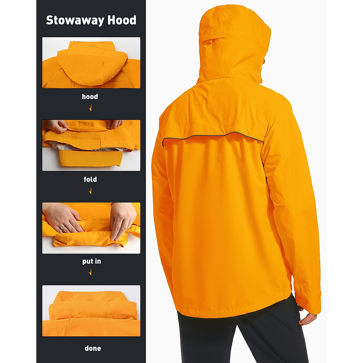 ATLASLAVA Men's Packable Rain Jackets Lightweight Waterproof Reflective Windbreaker Coat with Hood Cycling Running Golf Orange 2XL