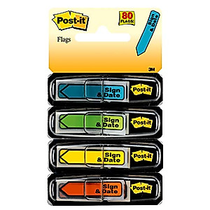 Post-it Message Flags, Sign and Date, 30/Dispenser, 4 Dispensers/Pack.47 in Wide, Assorted Colors (684-SD)