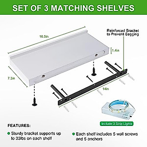 JERESER Floating Shelves with Invisible Brackets & Strip Lights, Protective Front Lip, White Wood Wall Shelves Set of 3, Wall Mounted Bookshelf, Wall Decor, for Bedroom, Bathroom, Living Room, Kitchen