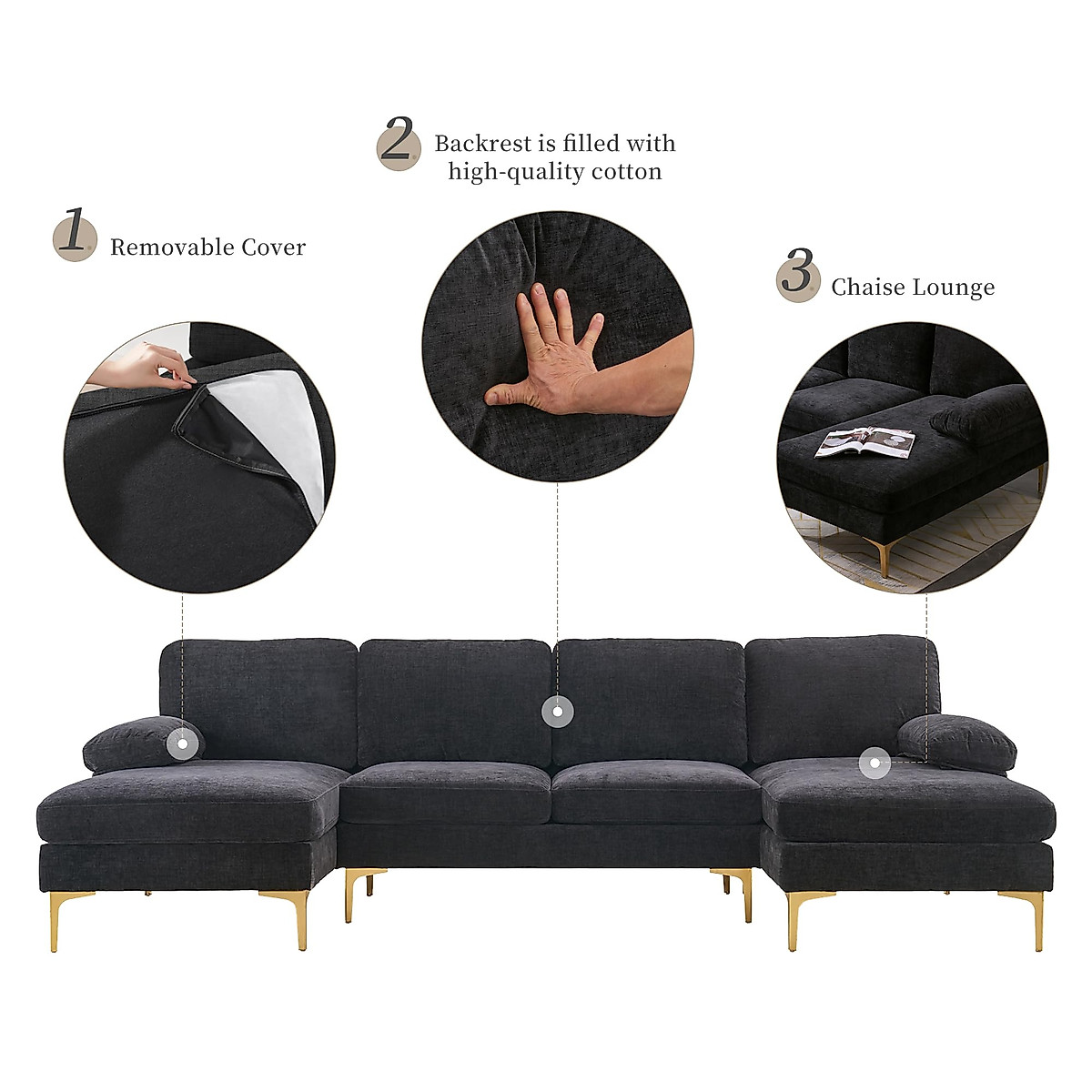 VERYKE U Shape Sectional Sofa Couch,Modern 110'' Chenille Fabric Sectional Couch Sofa, Upholstered Sofa Bed with Golden Metal Legs for Living Room