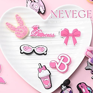 NEVEGE Pink Shoe Charms for Girls Cute Shoe Charms for Adults Teens Kids Pink PVC Shoe Decoration Charms with Buttons for Clog Sandals Birthday Party Gift 30-35PCS