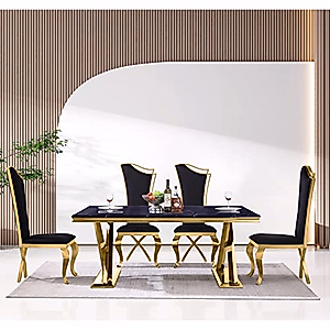 Anewsun Dining Room Table, Luxury 72 Inch Rectangular Black Texture Top with Gold X-Base Modern Dining Table for 6