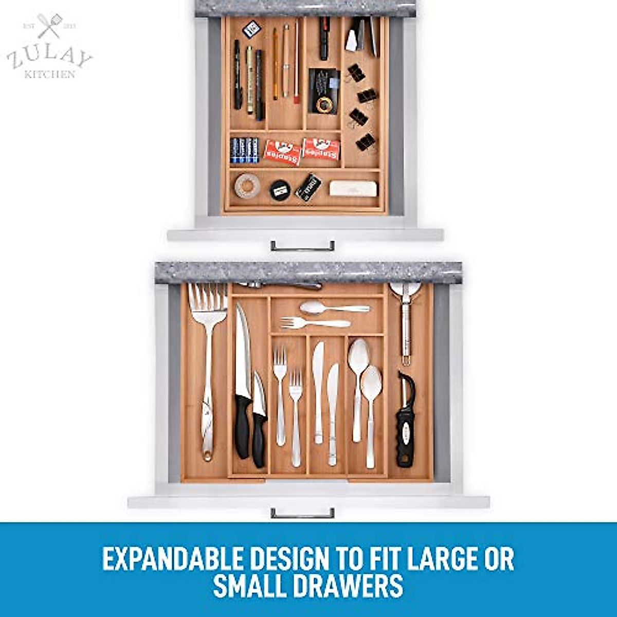 Zulay Expandable Bamboo Drawer Organizer - Adjustable Kitchen Drawer Organizer - Perfect Utensil Organizer For Silverware, Kitchen Knives, Flatware, and More