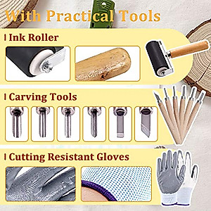 Keadic 24 Pieces Rubber Block Stamps Carving Starter Tool Kit, Comes with Stamp Block, Ink Roller, 6 Carving Tools, Tracing Papers, Pencil & Ink Mixing Tray for Stamp Carving and Printmaking