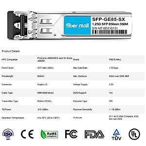 1G SFP SX for HPE ProCurve J4858C J4858B J4858A HPE Aruba J4858D 1000BASE-SX SFP LC Mini-GBIC 850nm 550m Multimode Transceiver Module