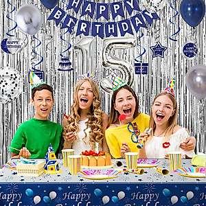 15th Birthday Decorations for Boys and Girls Blue Silver, Happy 15th Birthday Decorations Banner Birthday Balloons Number 15 Tablecloth Fringe Curtains Hanging Swirls, 15 Years Old Bday Party Supplies