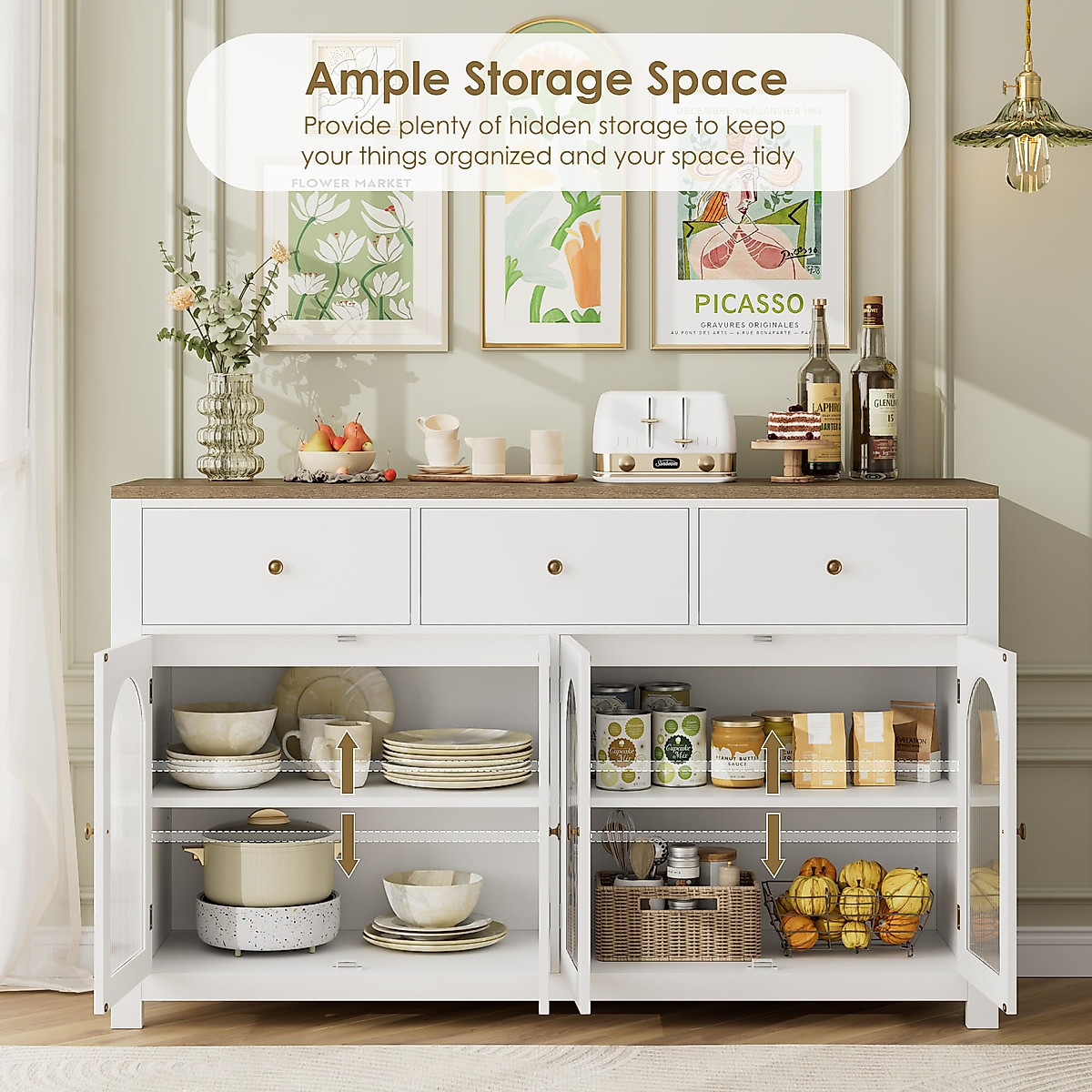 FINETONES Buffet Cabinet with Storage, 55.1" Large Sideboard Buffet Cabinet, Farmhouse Kitchen Cabinet Display Cabinet with 3 Drawers and 4 Doors, Wood Coffee Bar Cabinet for Kitchen Dining Room