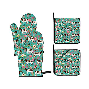 Floral Cow Oven Mitts and Pot Holders Sets, 4 Piece Set, Heat Resistant Polyester Gloves and Pads for Kitchen Cooking Baking Grilling BBQ