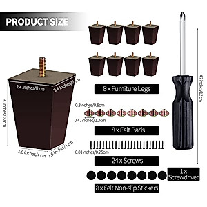 TURSTIN Set of 8 Furniture Legs 3 Inch Square Solid Wood Couch Legs Replacement Sofa Legs Mid Century Furniture Feet for Armchair Bed Dresser Cabinet Include Installation Hardware, Brown