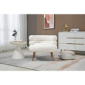 ZOBIDO Modern Accent Lambhair Chairs Comfy Upholstered Vanity Chairs for Bedroom Armchair Dining Chairs with Golden Metal Legs Desk Chair Single Person sofafor Living Room(White)