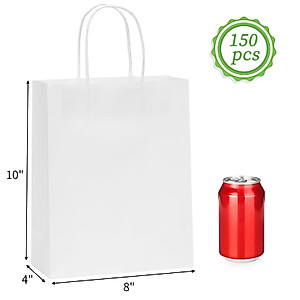 Moretoes 150pcs White Paper Bags, 8x4x10 Inches Medium Gift Bags with Handles Bulk, Kraft Paper Bags, Retail Bags, Small Business, Shopping Bags