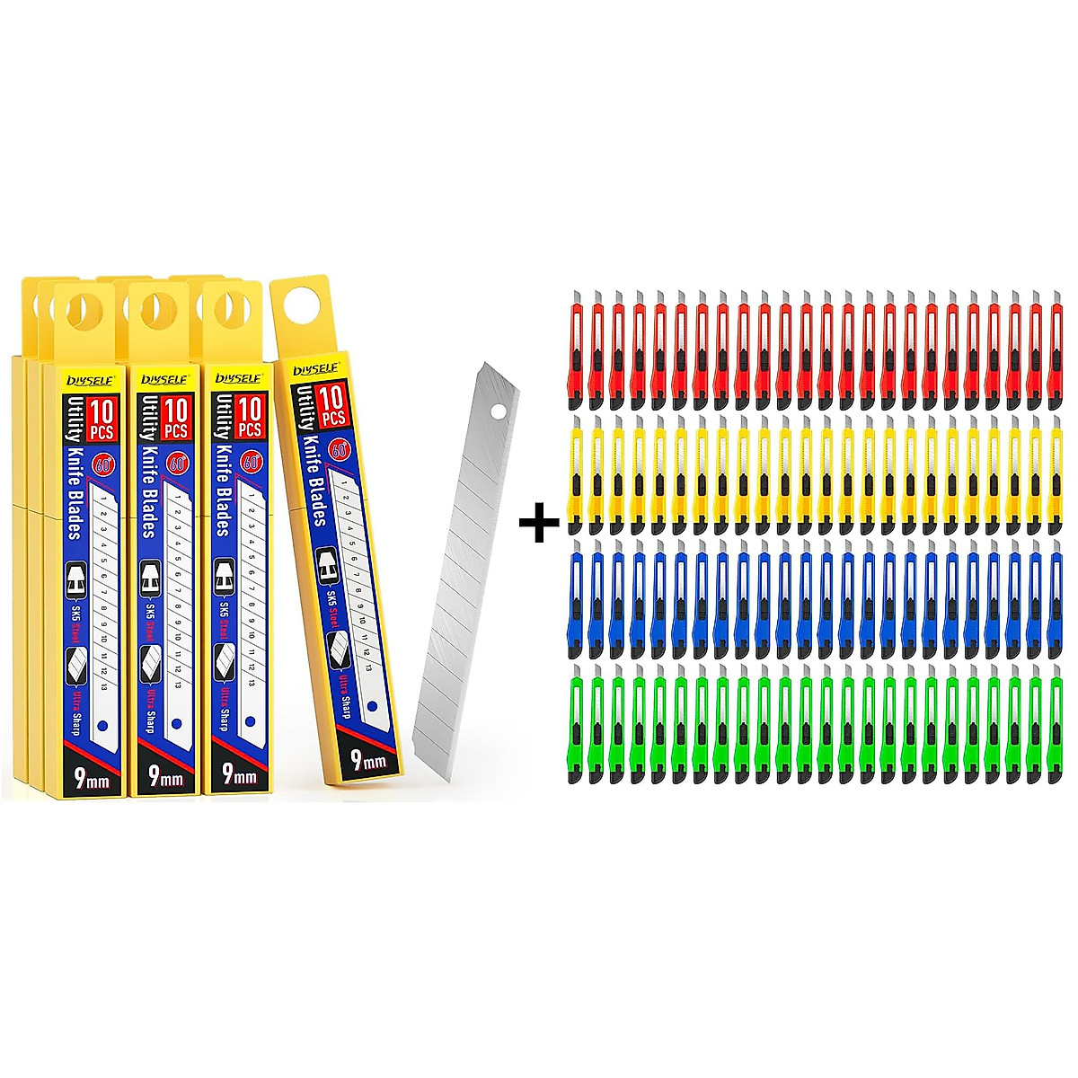 DIYSELF 96 Pack Box Cutters 100 Pcs 9MM Wide Blades of 60 Degrees, Razor Blades Utility Knife, Box Cutter Retractable, Razor Knife Suitable for Cardboard, Boxes and Cartons (4 Colors)