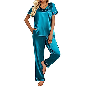 Ekouaer Womens Silky Pajamas Set Satin Pj Set Short Sleeve Top and Long Pant Pajama Set Two Piece Sleep Set Silky Sleepwear Nightwear Blue