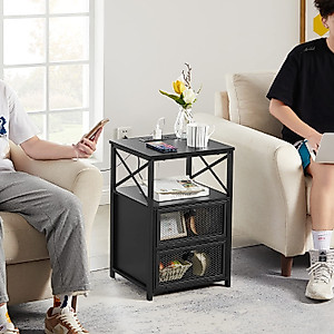 VECELO Black End Table Set of 2 with USB Ports and Outlets,24Inch Nightstands with Charging Station and Storage Shelf for Bedroom,Living Room