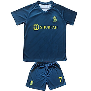 LeenBD Ronaldo No #7 Away Nassr Riyadh Al Kids Soccer Jersey Kit Shorts Socks Set Youth Sizes (Blue, 2-3 Years Old)