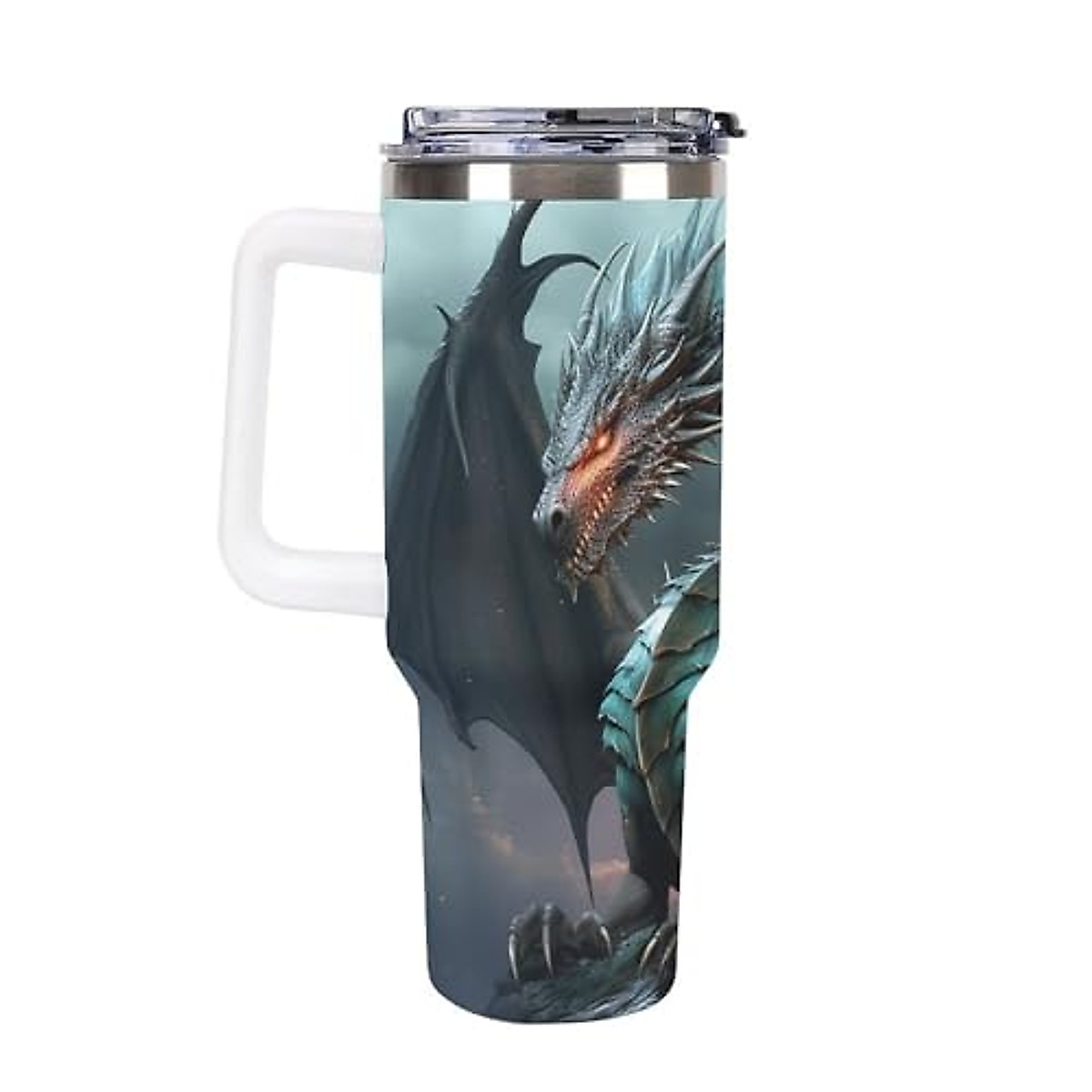 QWJKM Cool Dragon Tumbler with Handle Large Insulated Car Cup 40 OZ Stainless Steel Travel Mug Leak Proof Water Bottle with Lid And Straw for Car Home Office Gifts