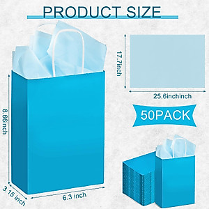 Kosiz 100 Pcs Small Gift Bags with Handles Bulk Include 50 Pcs Paper Bags and 50 Pcs Tissue Papers for Christmas Holiday Birthday Baby Shower Wedding Party Supplies Gifts(Blue)