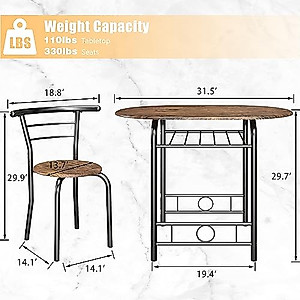 JUMMICO 3-Piece Wooden Round Table & Chair Set, Space Saving Kitchen Breakfast Nook Wood Grain Tabletop with Metal Frame and Built-in Wine Rack for Kitchen, Dining Room (Brown/Black)