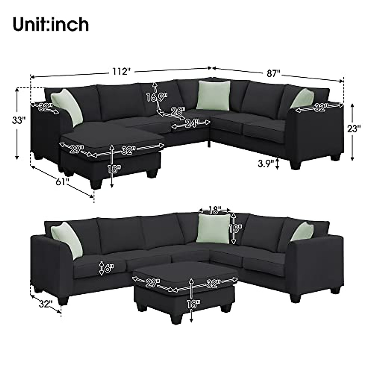 FIQHOME 7-Seat Reversible Chaise, L Shaped Ottoman, Living Room, Modular Sectional Fabric Sofa Corner Couch Set with 3 Pillows, Black