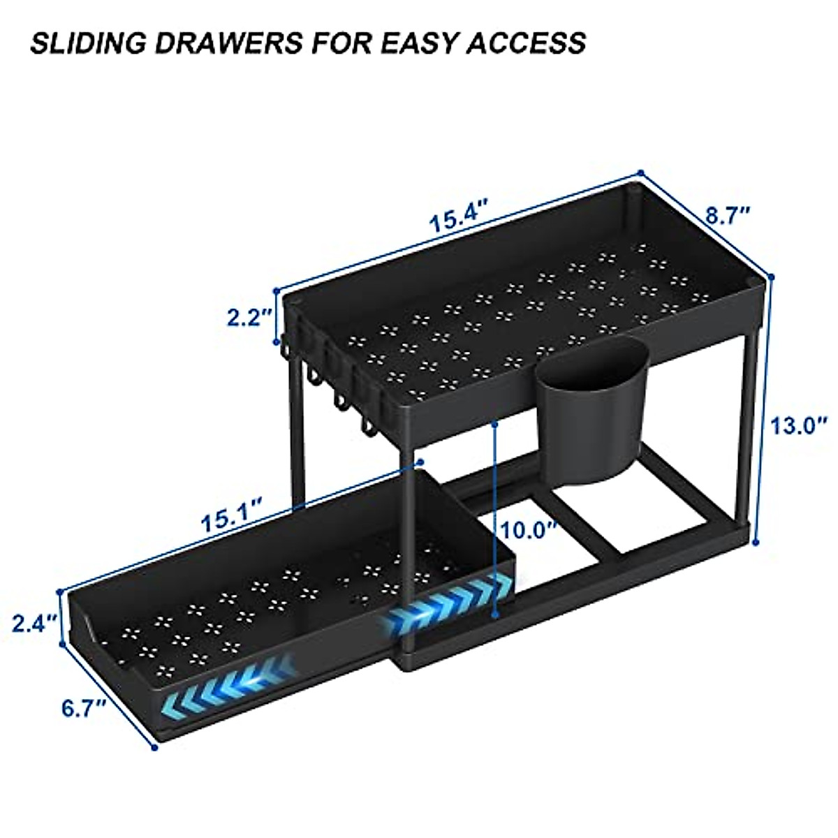 FENENIK 2-Tiers Under Sink Organizer, Sliding Under Bathroom Cabinet Storage Drawer Organizer, Multi-purpose Kitchen Sink Shelf Organizer with 8 Hooks and 2 Hanging Cup, 2 Pack