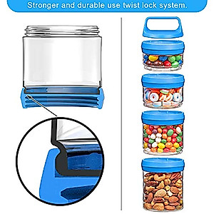 Dolibest stackable snack containers, Twist Lock Stackable Snack Jars, Stackable Containers Set for Storing Milk, Protein Powder, Snacks, Nuts, BPA Free, 4-Piece (Blue, 31oz)