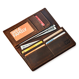 BRASS TACKS Leathercraft Vintage Top Grain Leather Long Wallet for Men Brown Cowhide Bifold Wallet Gift Box