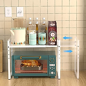 Redrubbit 2 Tier Extendable Microwave Oven Rack, Heavy Duty Steel Metal Shelf Adjustable Height Home Office Pantry Shelf Space for Kitchen Counter Organization, White